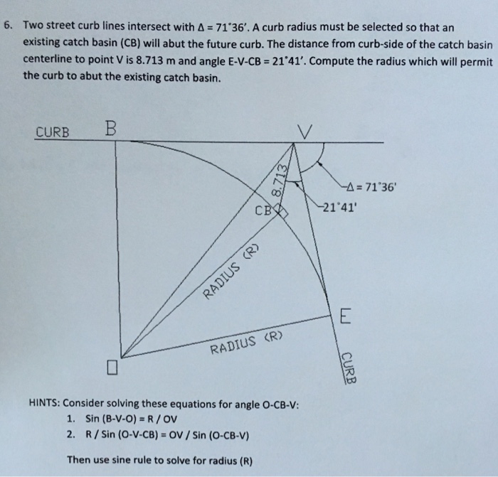 Solved Two street curb lines intersect with delta = 71 | Chegg.com