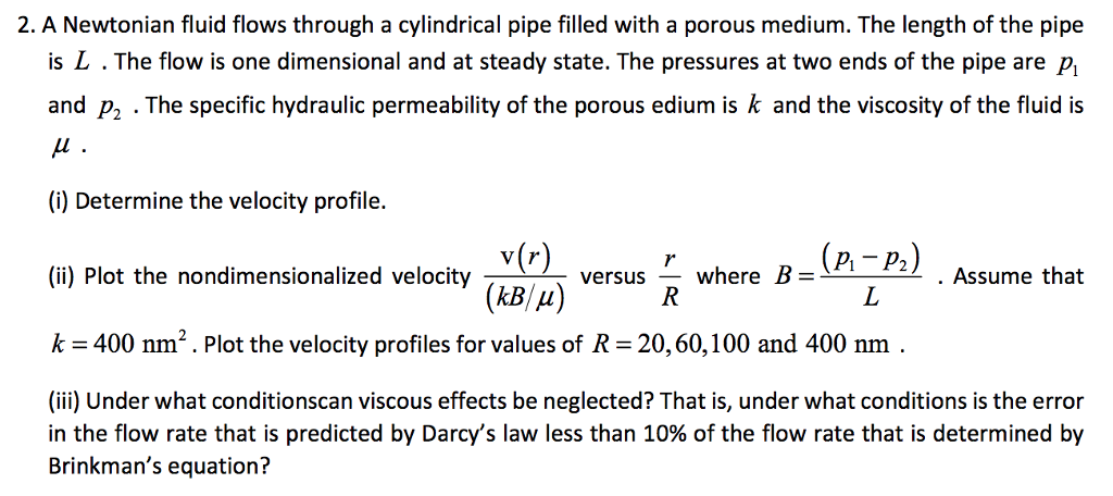 Solved 2. A Newtonian fluid flows through a cylindrical pipe | Chegg.com