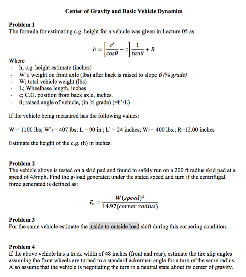 Solved Center of Gravity and Basic Vehicle Dynamics Problem | Chegg.com
