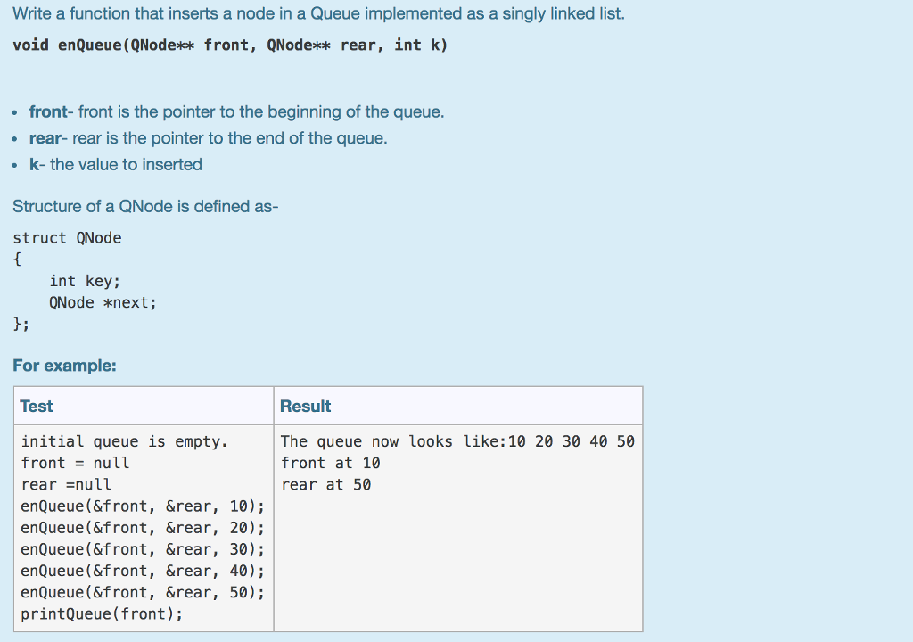 Solved Write a function that inserts a node in a Queue | Chegg.com
