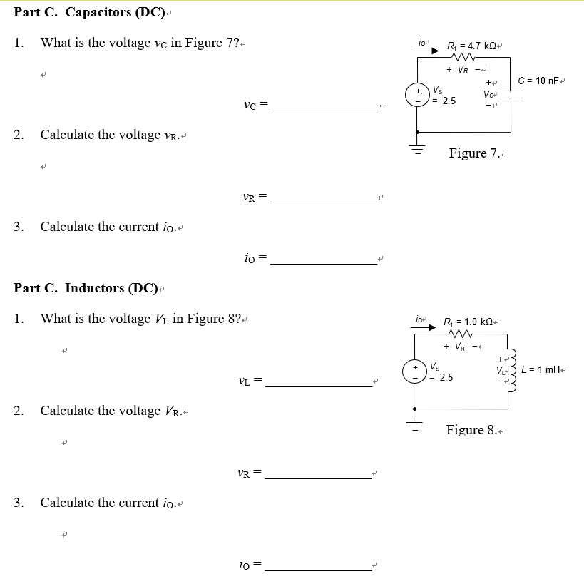 Solved Part C. Capacitors (DC) 1. What is the voltage vc in | Chegg.com