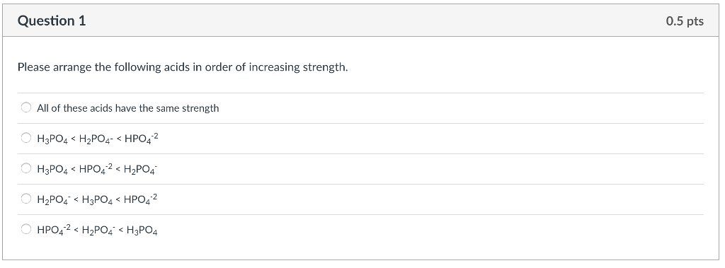 Solved Question 1 0.5 pts Please arrange the following acids | Chegg.com