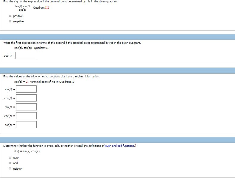Solved Find The Value Of Each Of The Six Trigonometric