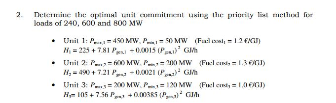Solved 2. Determine the optimal unit commitment using the | Chegg.com