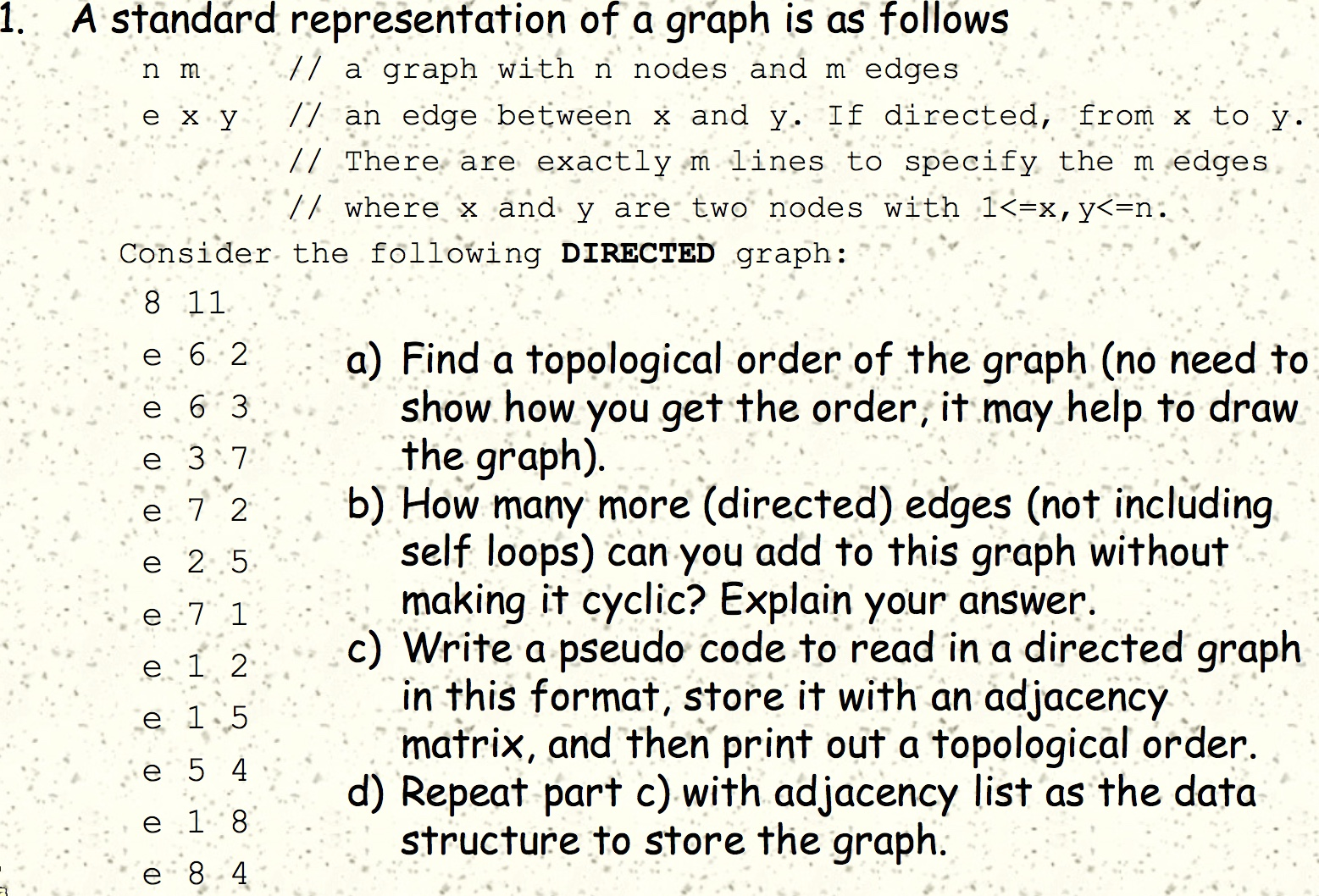 Solved A standard representation of a graph is as follows n | Chegg.com