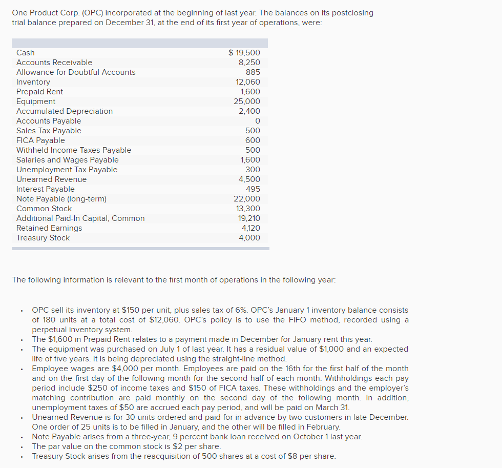 One Product Corp. (OPC) incorporated at the beginning | Chegg.com