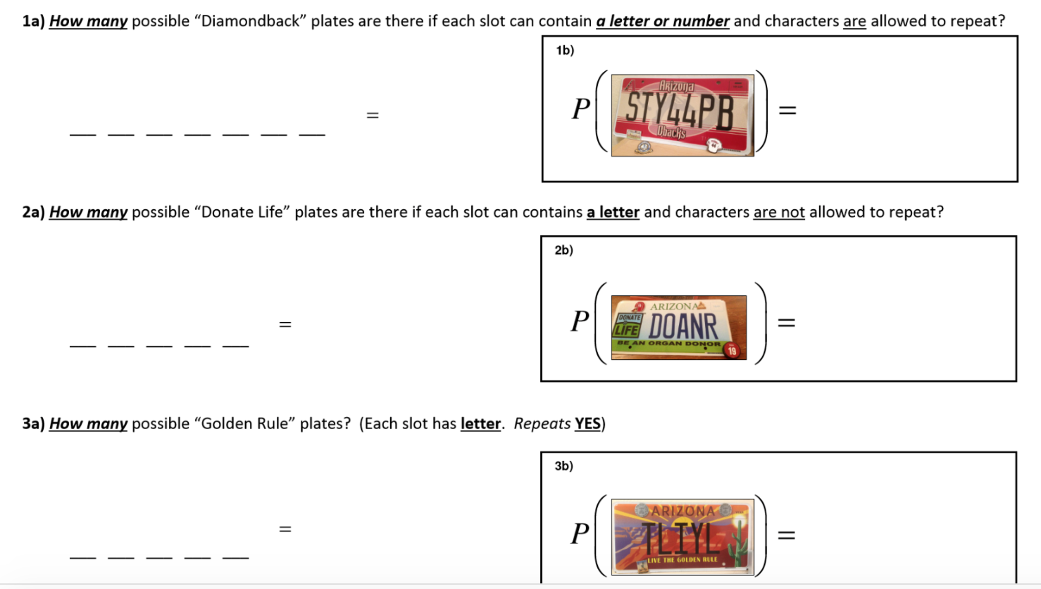 Solved 1a) How many possible "Diamondback" plates are there | Chegg.com