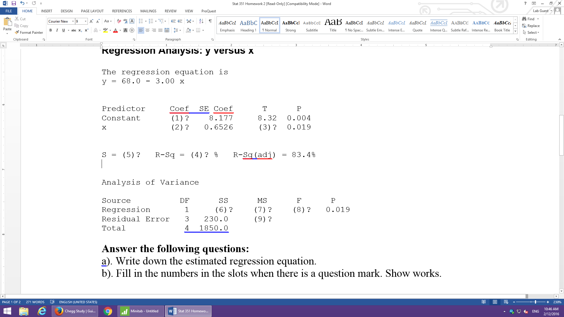 Solved Regression Analysis: Y versus X Answer the following | Chegg.com