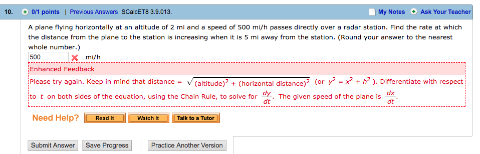 Solved 10. + 0/1 points |Previous Answers SCalcET8 3.9.013 | Chegg.com