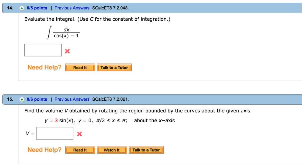 Solved 14. 0/5 points | Previous Answers SCalcET8 7.2.048 | Chegg.com