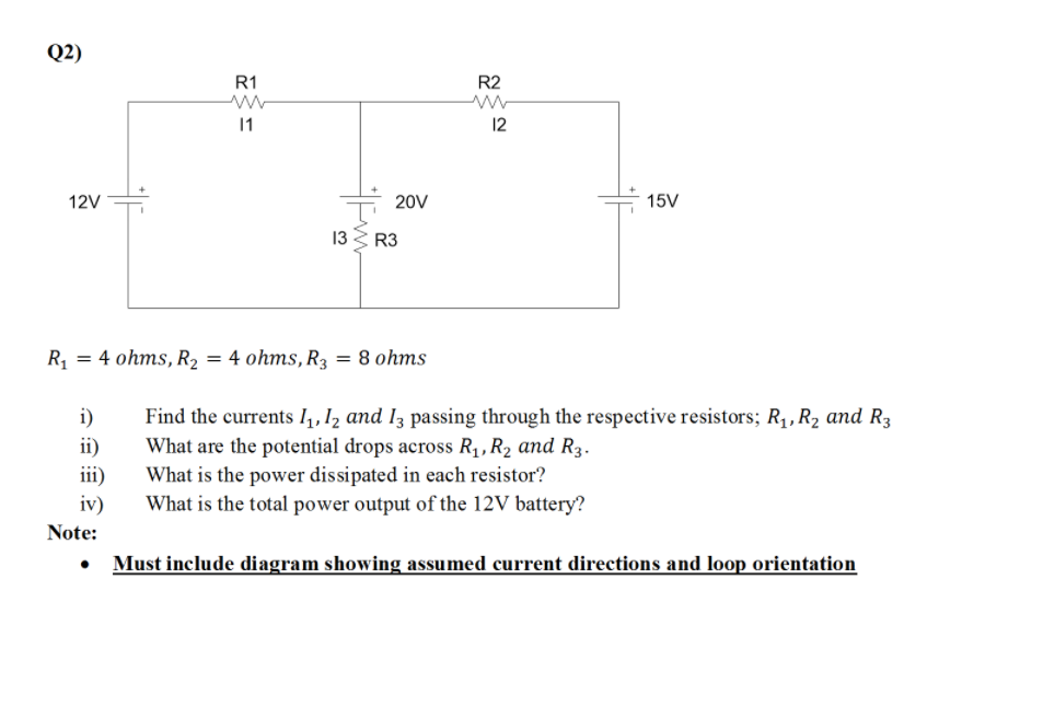Solved Q2) R1 R2 12 12V 20V 13R3 R, = 4 ohms, R2-4 ohms, | Chegg.com