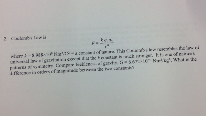 Solved Coulomb's law is F=kq1q2/r^2 where k=8.988x10^9 | Chegg.com