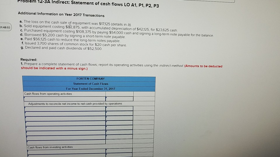 Solved ProBlem 12-3A Indirect: Statement of cash flows LO | Chegg.com