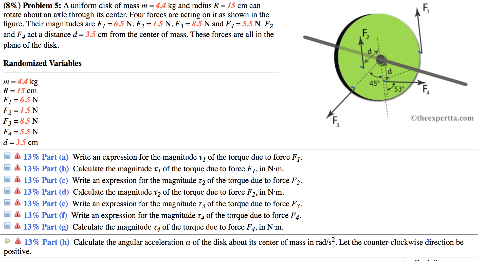 Solved A uniform disk of mass m = 4.4 kg and radius R = 75 | Chegg.com