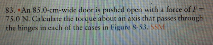 Solved 83. An 85.0-cm-wide door is pushed open with a force | Chegg.com