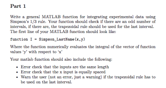 Part 1 Write a general MATLAB function for | Chegg.com