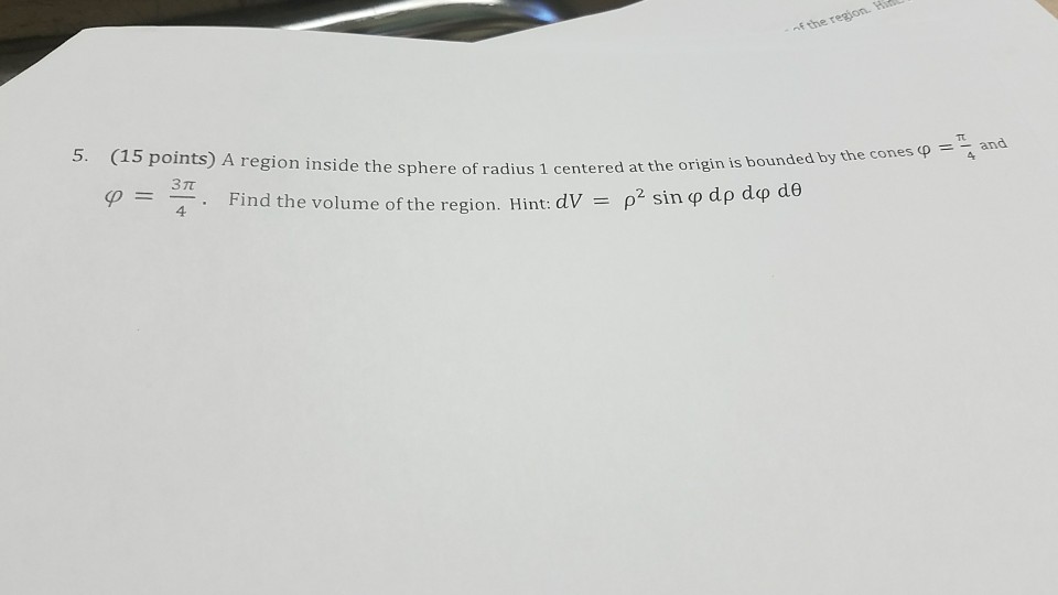 Solved A region inside the sphere of radius 1 centered at | Chegg.com