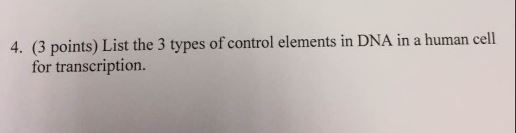 Solved List the 3 types of control elements in DNA in a | Chegg.com