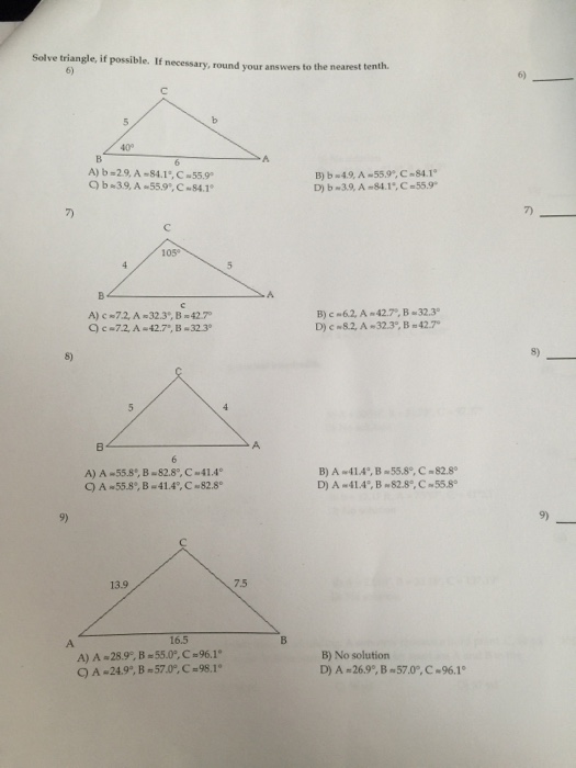 Solved Solve triangle, if possible. If necessary, round your | Chegg.com
