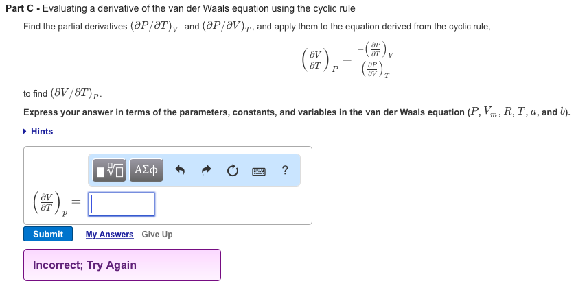 Solved Part C - Evaluating a derivative of the van der Waals | Chegg.com