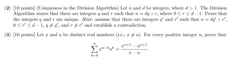 Solved (Uniqueness in the Division Algorithm) Let n and d be | Chegg.com