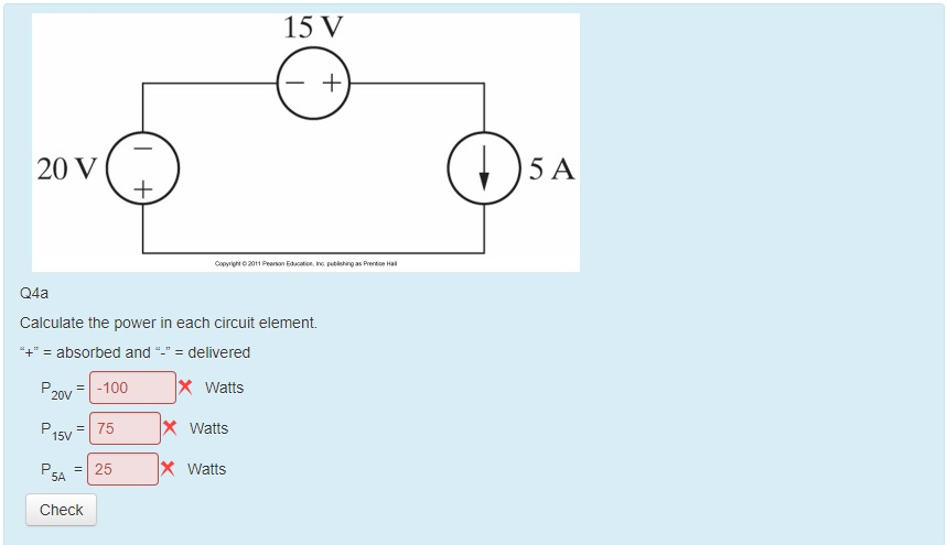 Solved 15 V 20 V 5 A Q4a Calculate the power in each circuit | Chegg.com