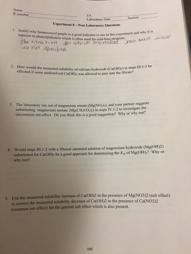 Solved Name R number TA. Section Laboratory Date Experiment | Chegg.com