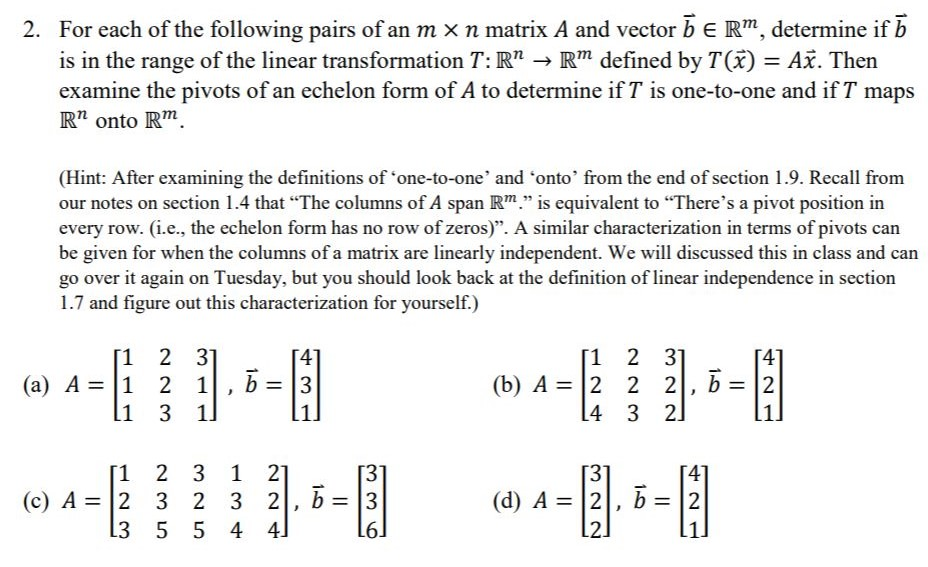 Solved 2. For each of the following pairs of an m × n matrix | Chegg.com