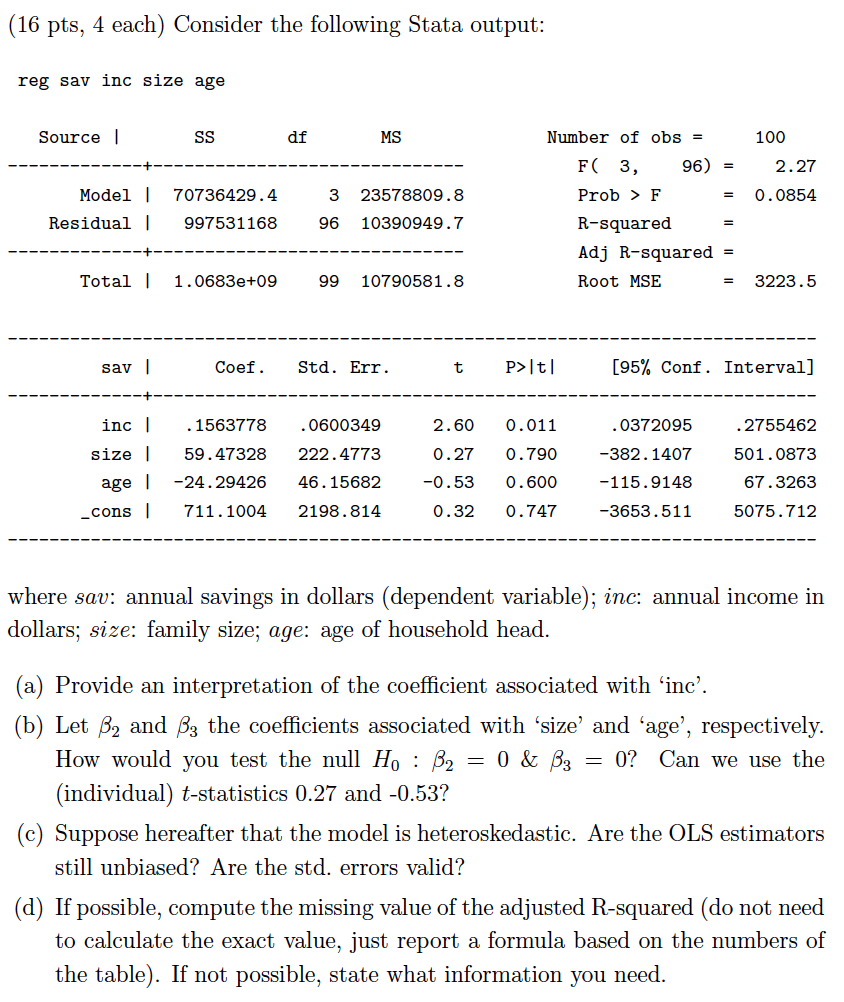 Consider the following Stata output: where sav: | Chegg.com