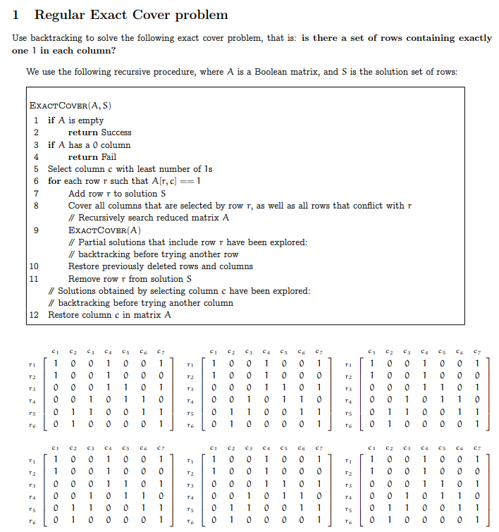 1 Regular Exact Cover problem Use backtracking to | Chegg.com