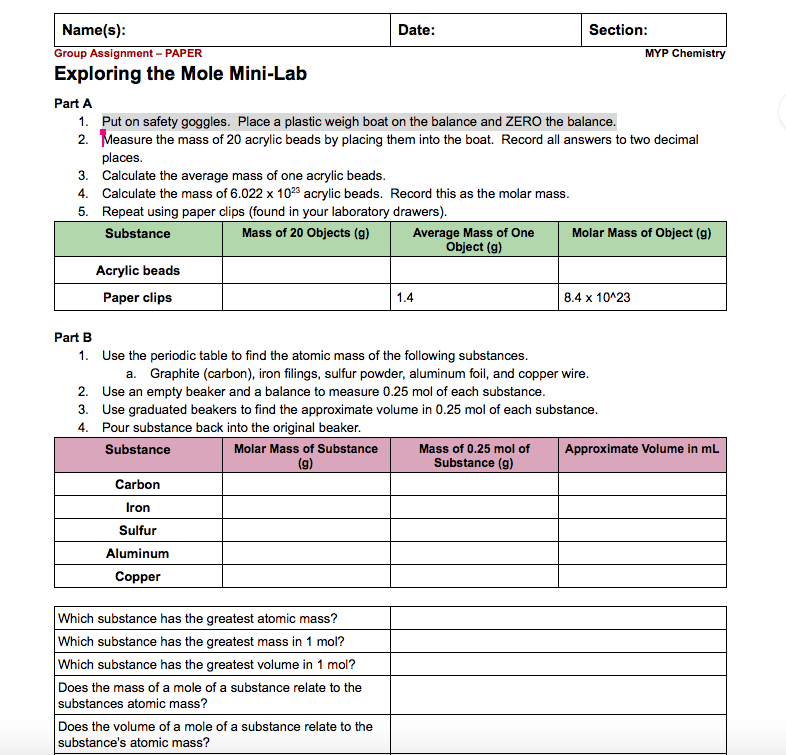 Solved Name(s): Date: Section: MYP Chemistry Group | Chegg.com