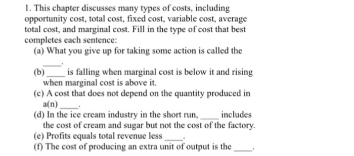 Solved This chapter discusses many types of costs, including | Chegg.com