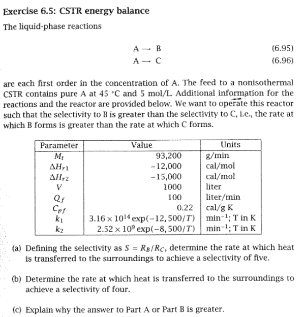 Solved Exercise 6.5: CSTR energy balance The liquid-phase | Chegg.com