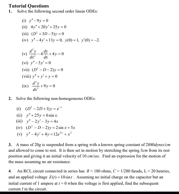 Solved Tutorial Questions 1. Solve the following second | Chegg.com