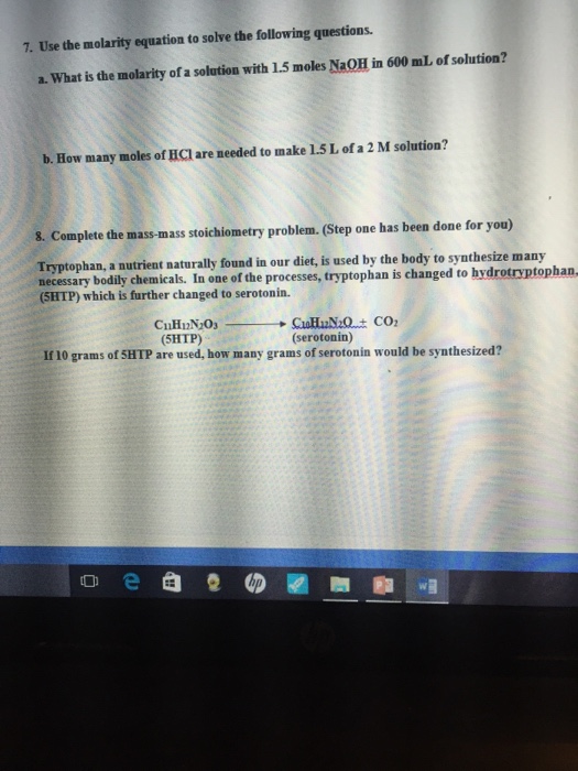 Solved Use the molarity equation to solve the following | Chegg.com