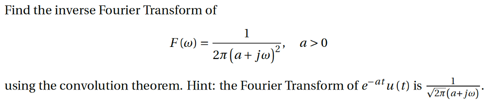 Solved Find the inverse Fourier Transform of F (w) = 2π (a + | Chegg.com