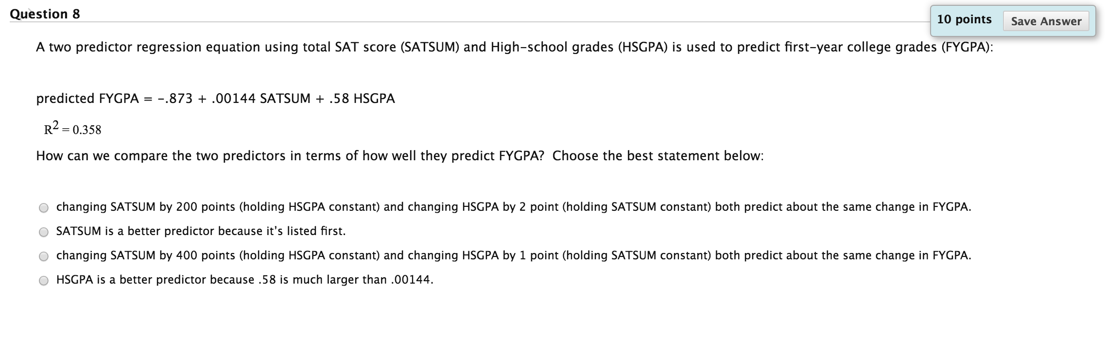 Solved A two predictor regression equation using total SAT | Chegg.com