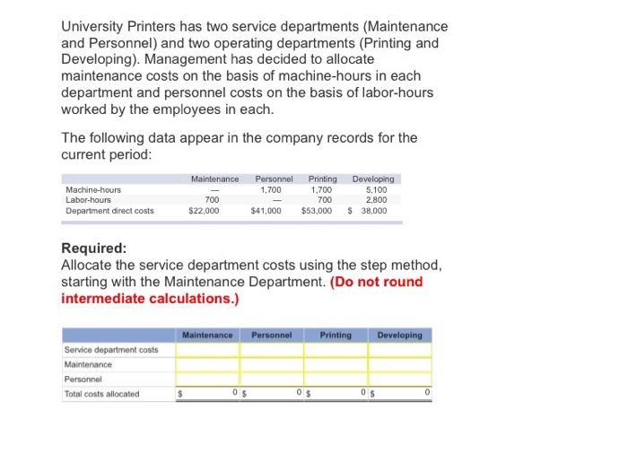 Solved University Printers has two service departments | Chegg.com
