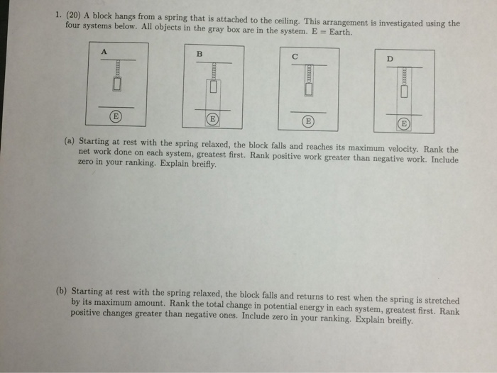 Solved 1. (20) A block hangs from a spring that is attached | Chegg.com