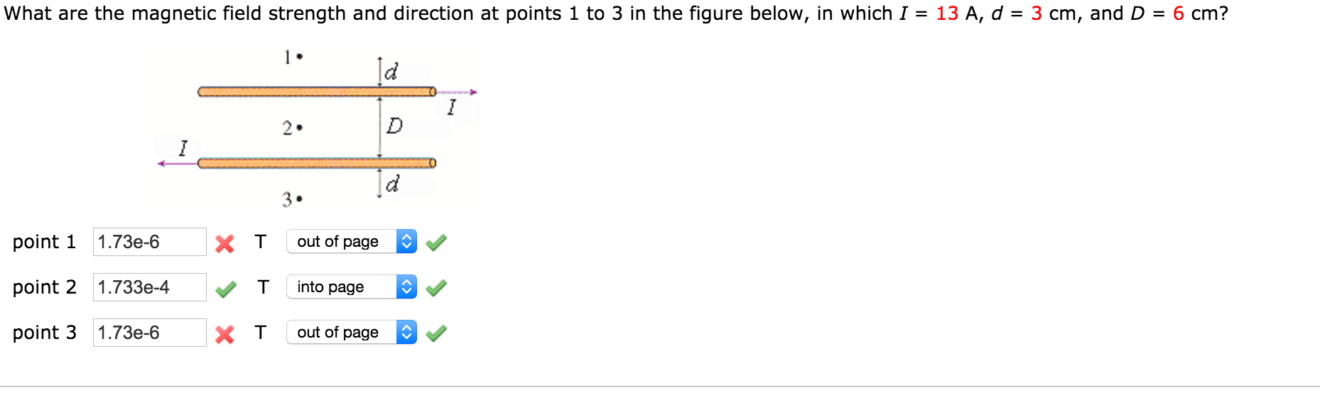Solved What are the magnetic field strength and direction at | Chegg.com