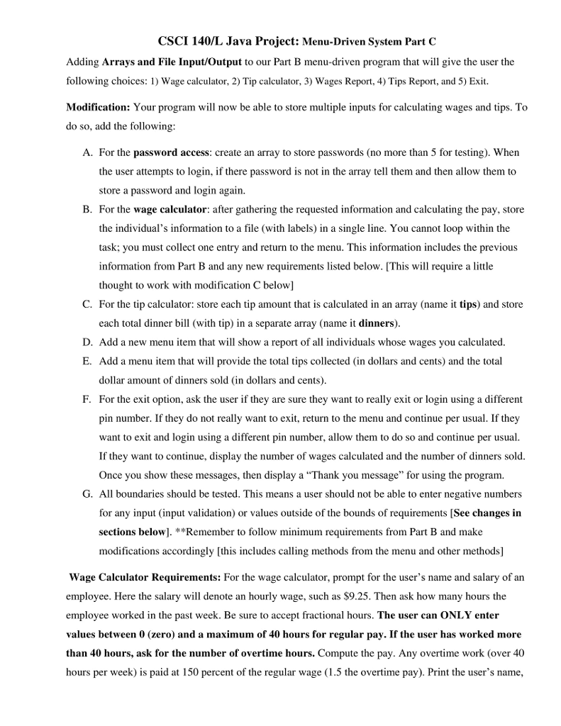 Solved CSCI 140/L Java Project: Menu-Driven System Part C | Chegg.com