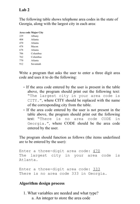 Solved The following table shows telephone area codes in the | Chegg.com