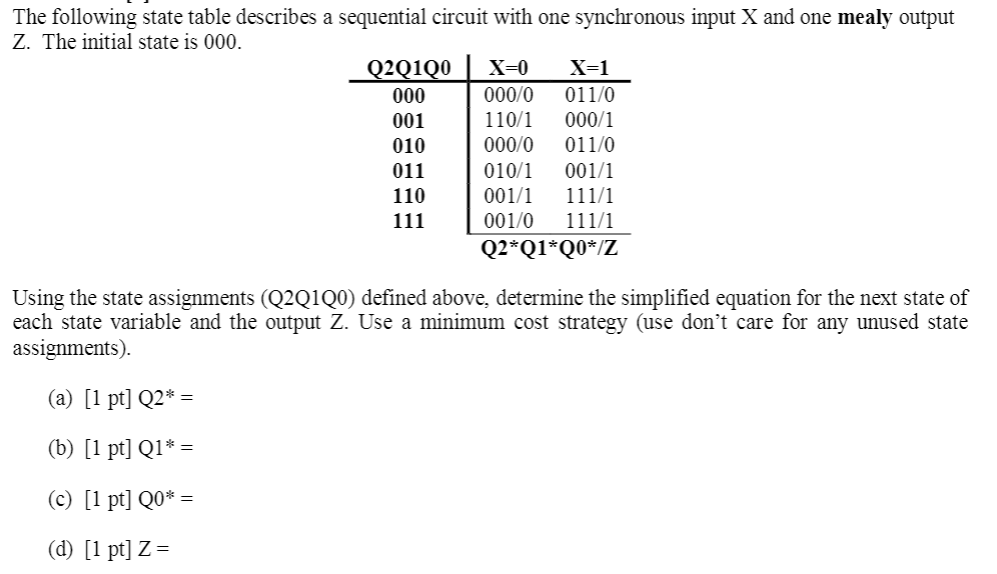 Solved The following state table describes a sequential | Chegg.com
