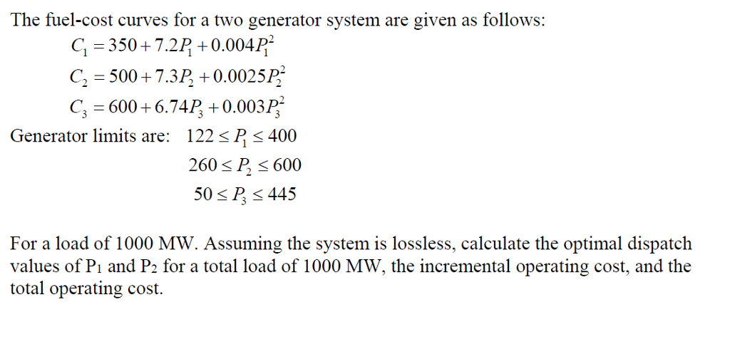 Solved The fuel-cost curves for a two generator system are | Chegg.com