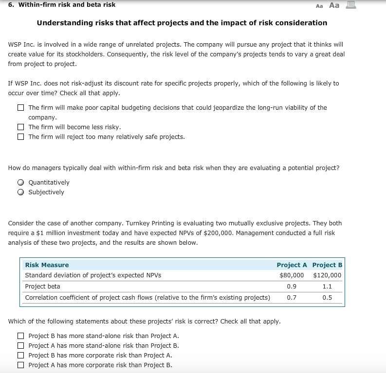 Solved Risk Measure Project A Project B 6. Within-firm risk | Chegg.com