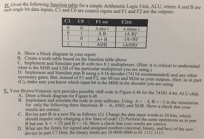 Solved v. Given the following function table for a simple | Chegg.com