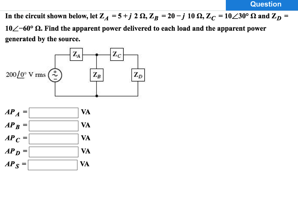 Solved Question In the circuit shown below, let ZA-5+j 2 | Chegg.com