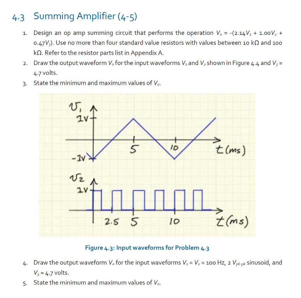 Solved Design an op amp summing circuit that performs the | Chegg.com