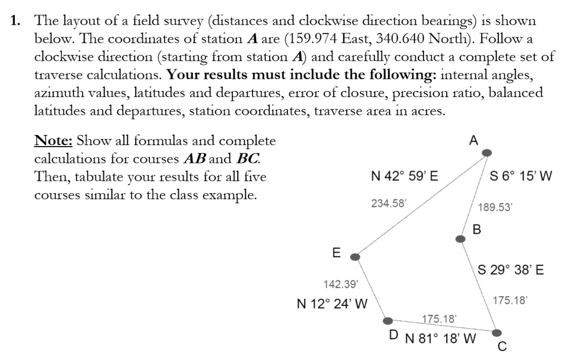 Solved 1. The layout of a field survey (distances and | Chegg.com