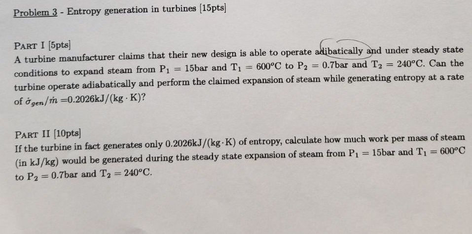 Solved Problem 3 - Entropy generation in turbines [15pts | Chegg.com